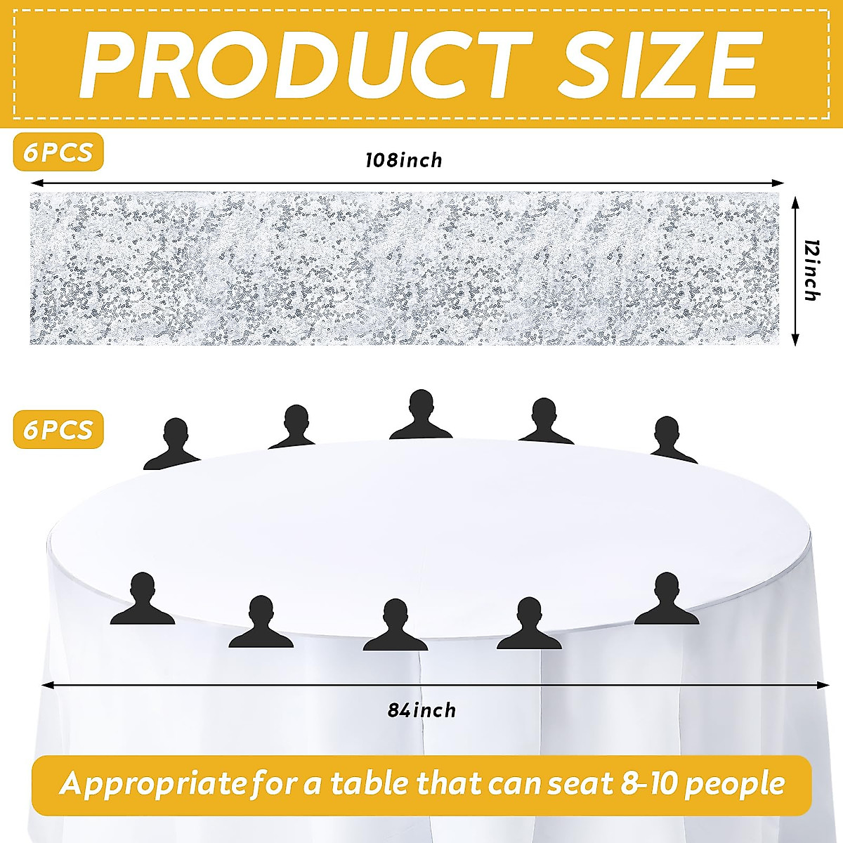 Newwiee 12 Pack Round Plastic Tablecloth 84 Inch with Glitter Sequin Table Runner 12 x 108 Inch Disposable Waterproof Tablecloth for Parties Wedding Baby Shower(Silver, White)