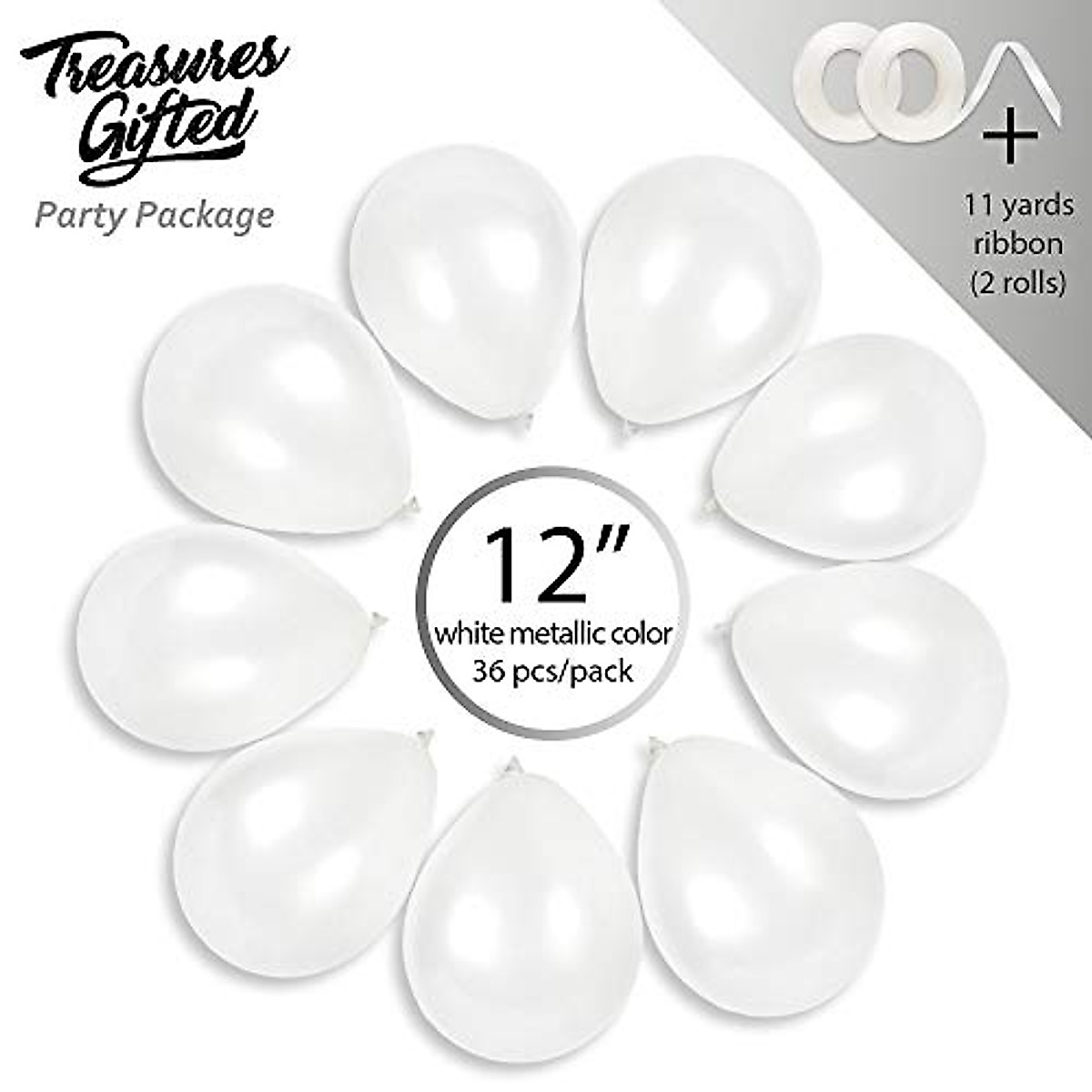 Treasures Gifted Metallic White Balloons - Pearlized White Balloons - Globos Blancos, Big White Balloons 12 Inch - White Latex Balloons, Large White Balloons - Pack of 36 Balloons