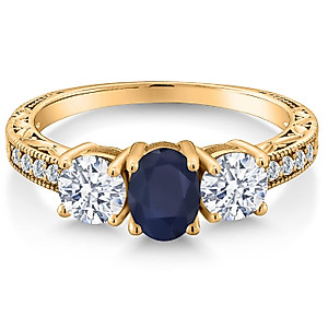 Gem Stone King 18K Yellow Gold Plated Silver Blue Sapphire Engagement Ring | 3-Stone Ring For Women | 2.64 Cttw | Oval 7X5MM | Available In Size 5, 6, 7, 8, 9