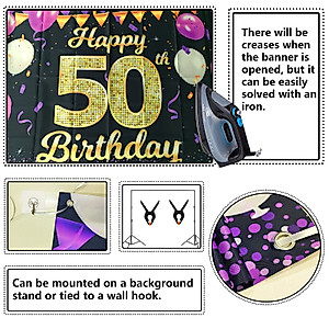 4 x 6ft Happy 50th Birthday Party Decorations Banner Gold and Black Sign - Cheers to 50 Years Anniversary Purple Photo Booth Backdrop Party Supplies for Women and Men