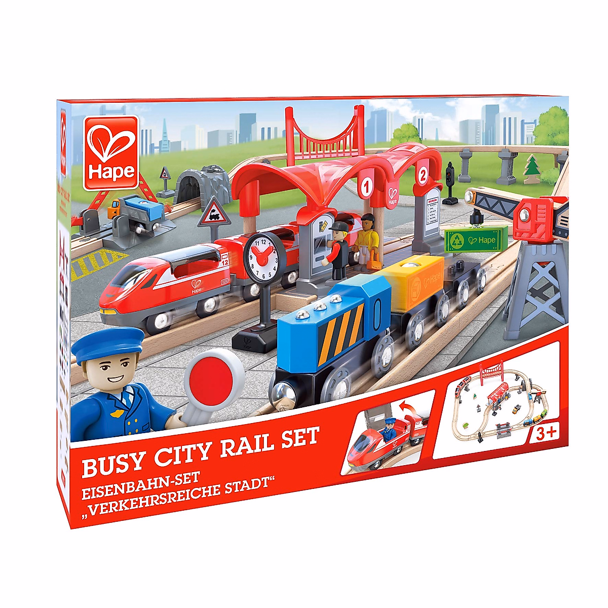 Hape Wooden Busy City Train Rail Set| 51 PCs Pretend Play Railway Set for Kids Age 3Y+