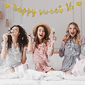 Happy Sweet 16 Banner, 16 and Fabulous, Cheer to 16 Years, Gold Glitter Happy 16th Birthday Party Decorations Supplies