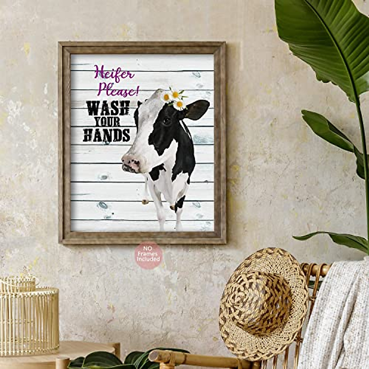 MTL HOE Funny Cow Rustic Bathroom Decor Art Print, Farmhouse Bathroom Cow Pictures Signwall Decor Posters Farm Bathroom Decor, Cow Kitchen Decor Cow Print Bathroom Decor Set of 4 (8X10in Unframed)