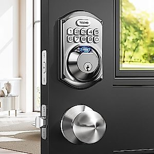 TEEHO TE002K Fingerprint Door Lock Set - Keyless Entry Door Lock with Handle - Door Knob with Keypad Deadbolt - Smart Locks for Front Door - Auto Lock - No Need App - Easy Installation - Satin Nickel