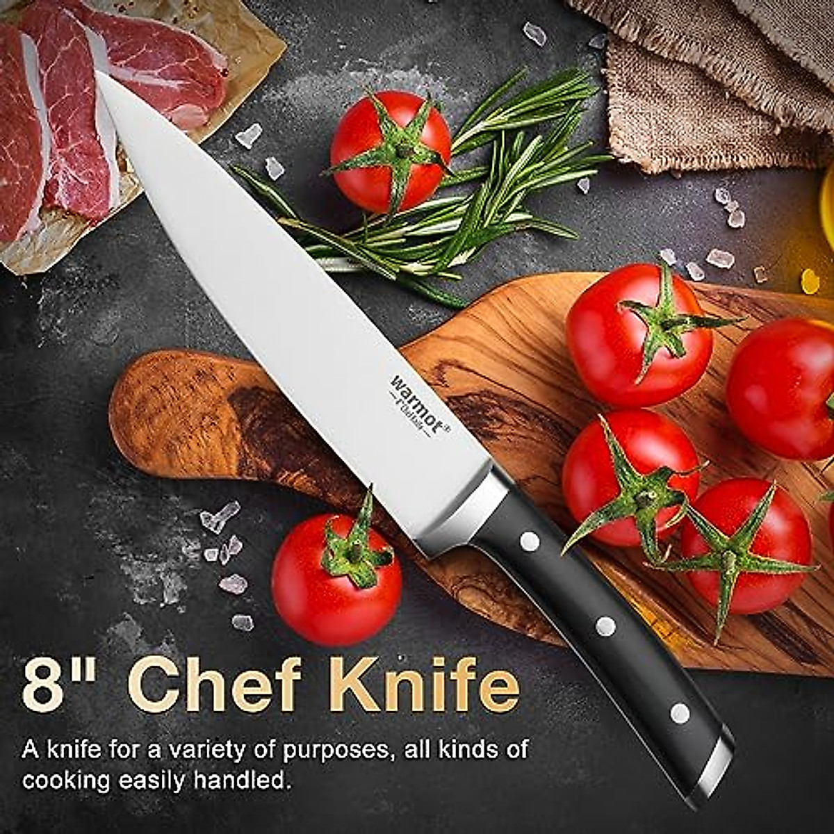 warmot Professional Kitchen Knife Set, 3 Pcs Chef Knife Set Sharp Knives Sets for Kitchen High Carbon Stainless Steel, Cooking Knife Triple Riveted Handle with finger protectors with Gift Box