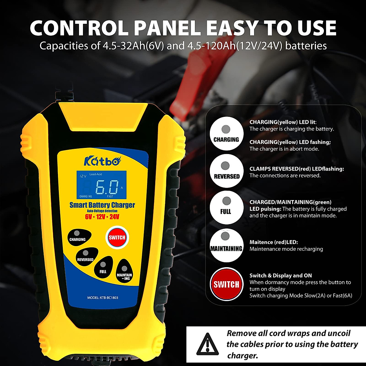 KATBO car Battery Charger, 6V 12V 24V trickle Charger 6-Amp, Battery maintainer, Smart Battery Charger for car Lead-Acid Batteries, AGM, Gel, SLA, STD