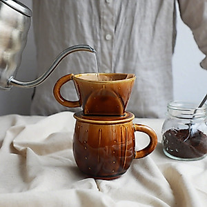 Asayu Japan Ceramic Coffee Pour Over Maker Set in Caramel, Slow Brewing Paper Filter Holder and Dripper with 3 Holes for Coffee and Tea - Accessory Ceramic Mug