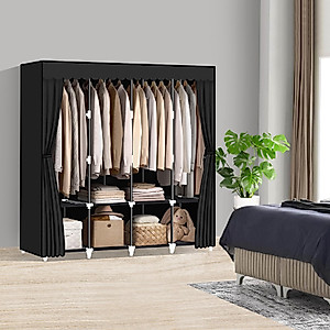 LOKEME Portable Closet, Black Wardrobe Closet Organizer with Cover, Portable Closets for Hanging Clothes 65.4x17.4x64.4 inch,4 Hanging Rods and Shelves, Large Capacity for Bedroom, Living Room