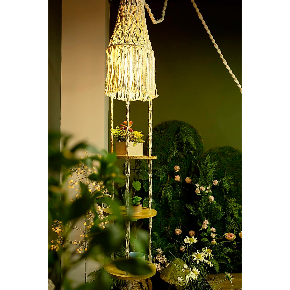 Macrame Lamp Shade and Hanging Plant Holder Shelf Indoor for Boho Bedroom Decor Plug in Pendant Light Hanging Light with Plug in Cord and Switch for Bohemian Office Corner Reading Light (Cream)