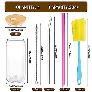 Moretoes 4pcs 20oz Glass Cups with Lids and Straws, Glass Iced Coffee Cups Drinking Glasses Set, Cute Tumbler Cup Boba Bottle for Jumbo Smoothie, Bubble