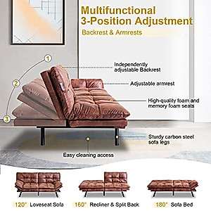 MUUEGM Convertible Futon Sofa Bed,Faux Leather Sofa Couch with Adjustable Armrests and Back,Convertible Sleeper Sofa,Couches for Living Room,Guest Room, Apartment and Small Space/Brown