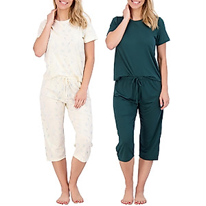 Real Essentials 2 Pack: Womens Short Sleeve Shirt Capri Sweat pants Pajama Sets Pajamas Soft PJ Women Two Piece Matching Pants Top Loungewear Sleep Wear Sexy Summer Bottoms Pijamas Ladies - Set 3, XL