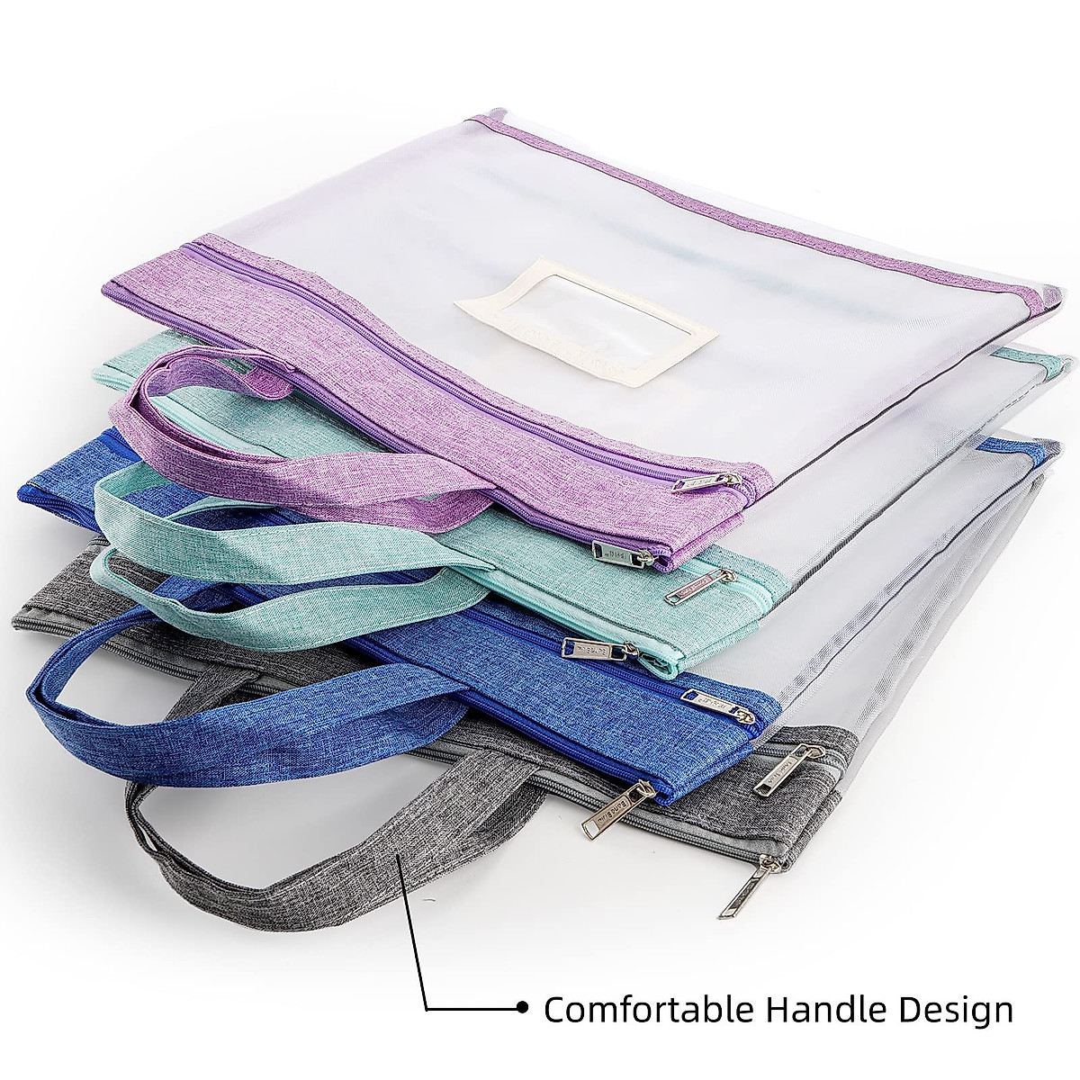 AVLA 4 Pack Student Book Pouches, A4 Mesh Zipper Bag with Handle, File Document Puzzle Bag with Name Card Pocket for Organizing Storage Board Games, School Office Appliances, Convenient to Carry