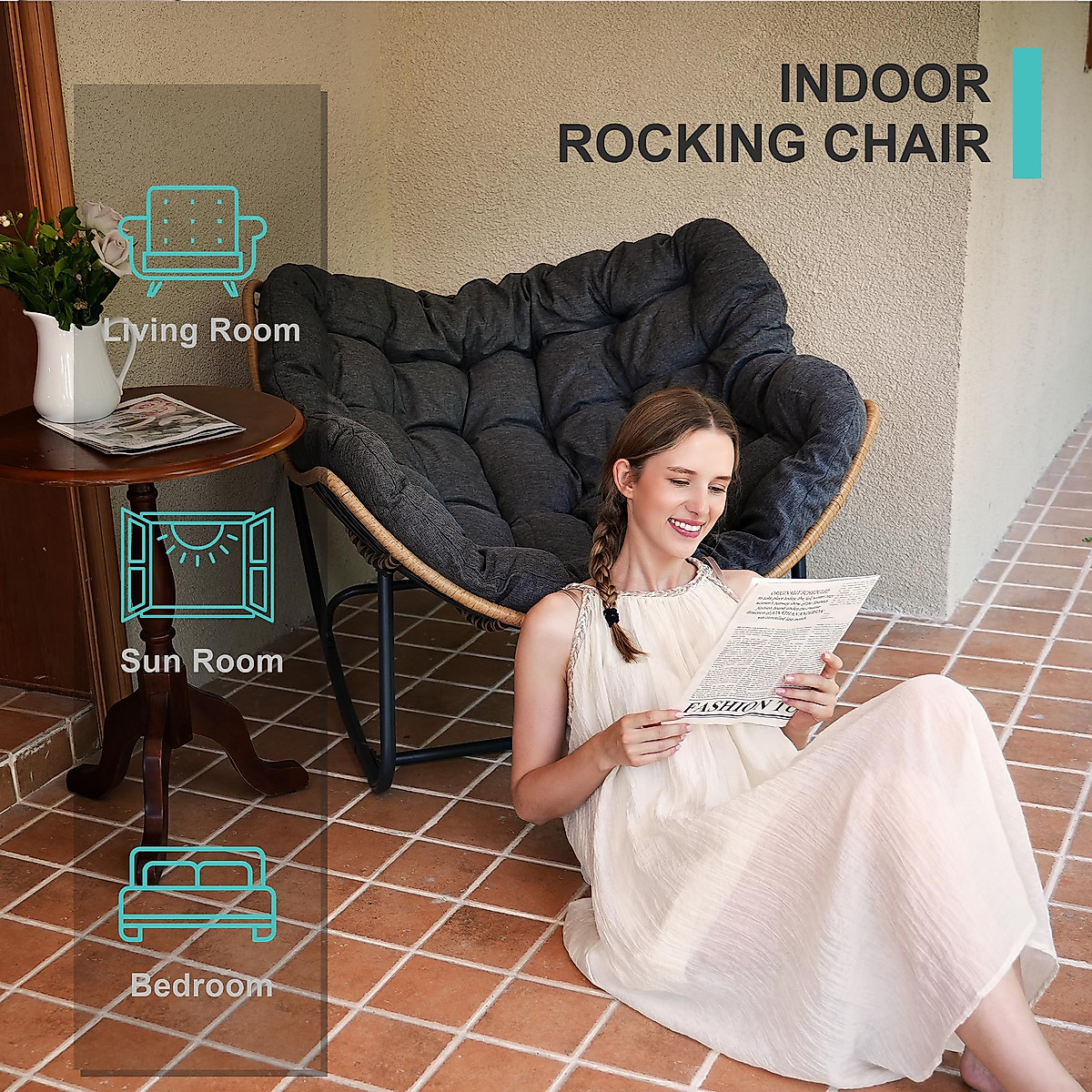 SWITTE Outdoor Rocking Chair, Patio Egg Rocking Chair, Indoor Papasan Chair, Rattan Wicker Lounge Chair, Modern Royal Chair for Bedroom, Living Room, Porch, Garden, Lawn-Dark Grey