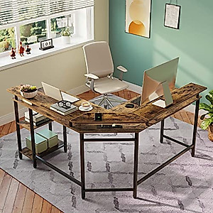 Rolanstar L Shaped Gaming Desk with Drawer, 55.1" Reversible Computer Desk with Power Outlets & LED Lights, Home Office Desk with Monitor Stand & Storage Shelf, Desk with Hooks Rustic Brown