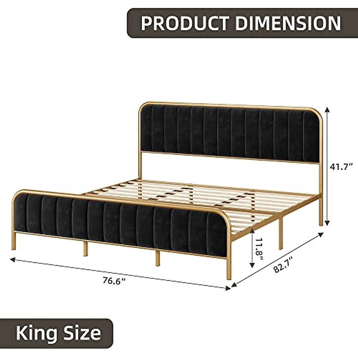 Senfot King Size Bed Frame with Gold Metal Frame, Modern Platform Bed, Noise Free Design, Wood Slats Support, No Box Spring Needed, Easy Assembly in Black