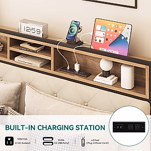 DWVO Queen Size Storage Bed Frame with 4-Drawer, Upholstered Platform Bed Frame with USB Charging Ports & Bookcase Headboard, Simple Setup, No Requirement for Box Spring (Beige)