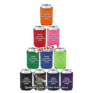 Custom Assorted Collapsible Can Coolers Set of 100, Personalized Bulk Pack - Keeps Your Drink Cold, Great for Beer, Soda and Other Beverages - Assorted