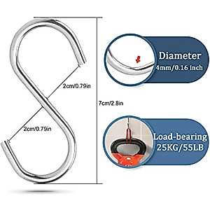 YOUNTHYE 100 Pack 2.8 inch S Hooks for Hanging Stainless Steel S Hooks Bulk Sliver Small S Hooks Rack Hangers Heavy Duty S Hanging Hangers Hooks for Kitchen, Work Shop, Bathroom, Garden