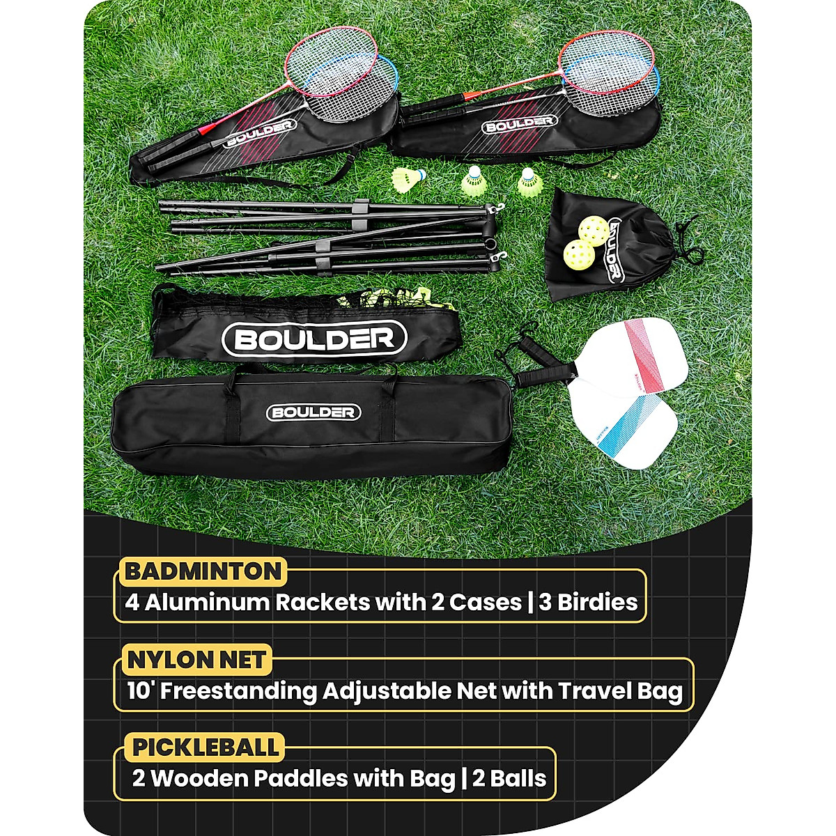 BOULDER Sports Pickleball Paddles & Badminton Set for Backyard - Includes 4 Rackets, 2 Pickleball Paddles, 3 Shuttlecocks, 2 Pickleballs & 2 Travel Bags - Easy Setup Volleyball & Racket Sports Net