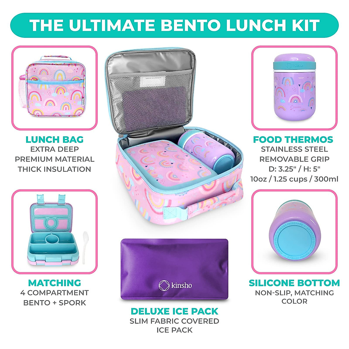 Bento Lunch Box with Thermos for Kids Set, Insulated Lunch Bag with Ice Pack, Stainless Steel Food Jar for Hot Soup, Boxes with 4 Compartments, Purple Rainbow