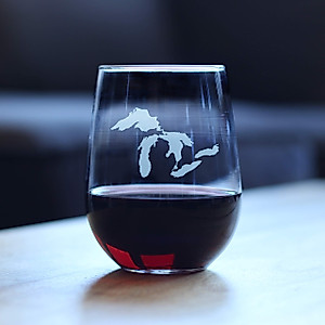 Great Lakes Map - Stemless Wine Glass - Unique Engraved Glassware Art Gifts for Midwestern Women & Men - Large 17 Ounce