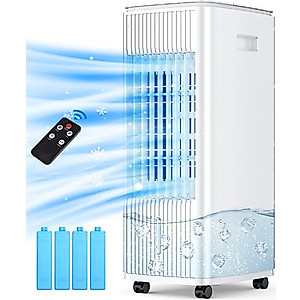 Evaporative Air Cooler, BALKO 3-IN-1 Windowless Swamp Cooler w/ 0.8 Gal Detachable Water Tank, 7H Timer & Remote, 4 Ice Pack, 70° Oscillation, Ductless Air Conditioner Portable for Room Indoor Office