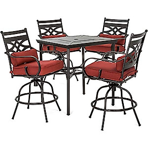 Hanover Montclair 5-Piece High Dining Patio Set with 33'' Steel Stamped Square Bar Height Table and 4 Red Cushioned Tall Swivel Chairs, Modern All-Weather Outdoor Furniture for Backyard and Deck