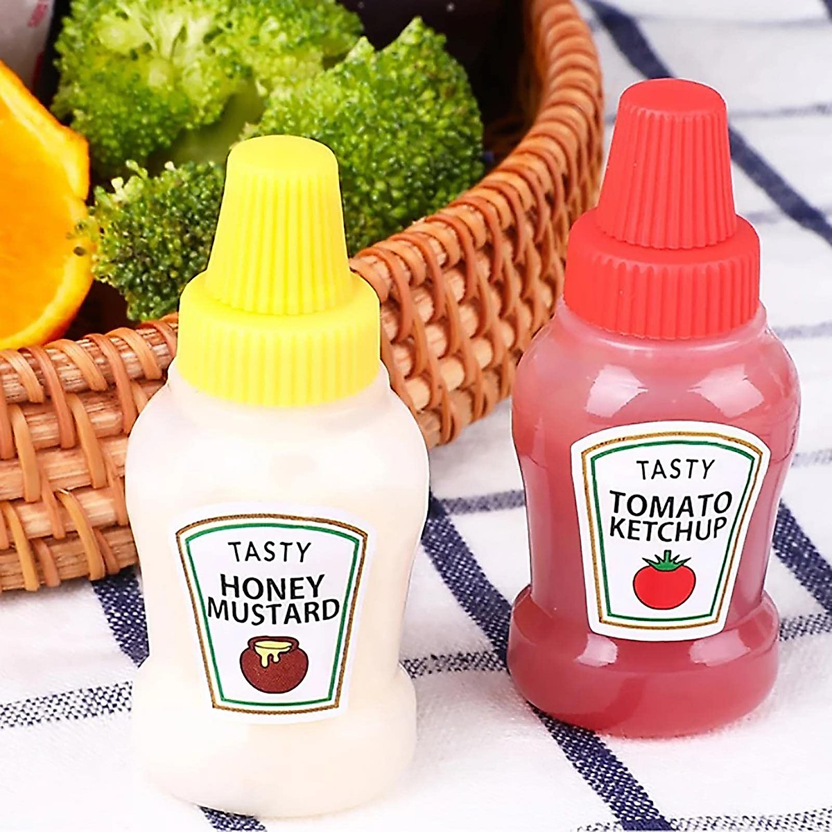Littryee 2PCS Mini Ketchup Bottles, Refillable Salad Dressing Tomato Ketchup Squeeze Containers Bottle, Portable Condiments Jars Salad Dressing Container Bottle for Kids Adults Bento Box