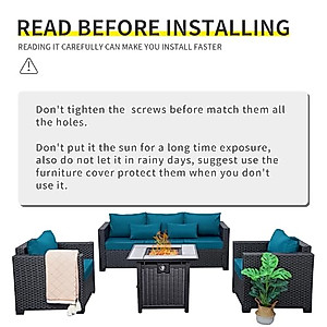 Lviden 4 Pieces Outdoor Patio Furniture Set, Wicker Conversation Sets, Black PE Rattan Sectional Couch Sofa with 50000 BTU Gas Fire Pit Table and Peacock Blue Cushions