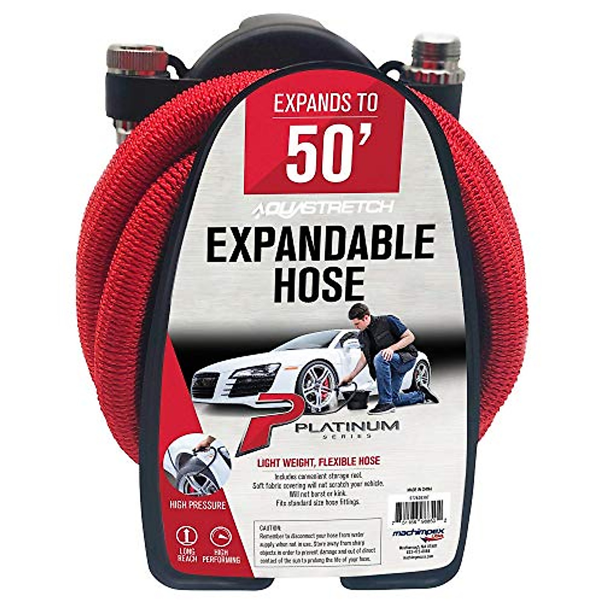 AquaStretch Expandable Garden Hose 50 ft, Lightweight, Heavy-Duty, Stretchable, Flexible Water Hoses with Storage Reel Rack, Fits All Standard Nozzles and Taps, Comes in Black or Red, Colors vary