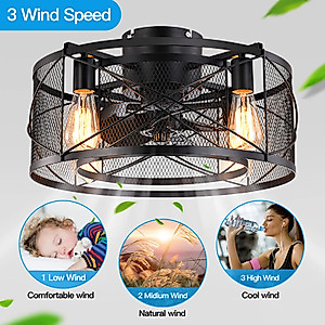 haodengshi Caged Ceiling Fan with Light, 20 In Ceiling Fan Lights with Remote, 3 Speeds Adjustable Black Enclosed Farmhouse Industrial Flush Mount Ceiling Fan for Kitchen Bedroom