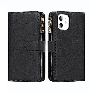 Jaorty iPhone 11 Phone Case Wallet for Women, iPhone 11 Case with Card Holder, Crossbody Case with Credit Card Holders and Slots Zipper Lanyard Strap Leather Cases for Men,6.1 Inch Black