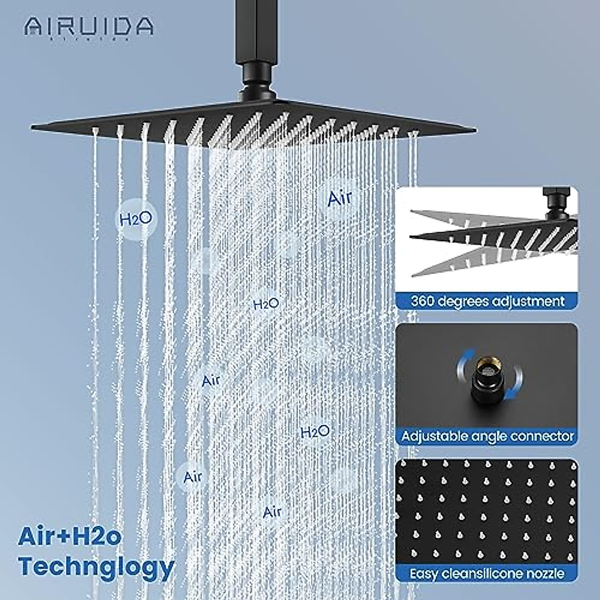 Airuida Matte Black 12 Inch Rainfall Shower System, Ceiling Mount Shower Faucet, Bathroom Shower Fixture with SUS304 Ultra-thin Rainfall Shower Head, Brass Handheld Shower Mixer with Rough-in Valve