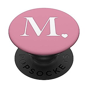 Peony Pink White Monogram Letter M Initial Heart Design PopSockets Swappable PopGrip