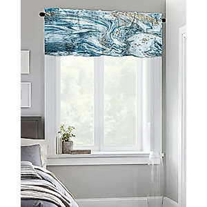 DoremiHome Marble Liquid Abstract Art Window Valance Rod Pocket Curtain Valance for Kitchen/Living Room,Blue White Gold Gradient Short Curtain Panels Window Treatment Decor Curtains 54x18in