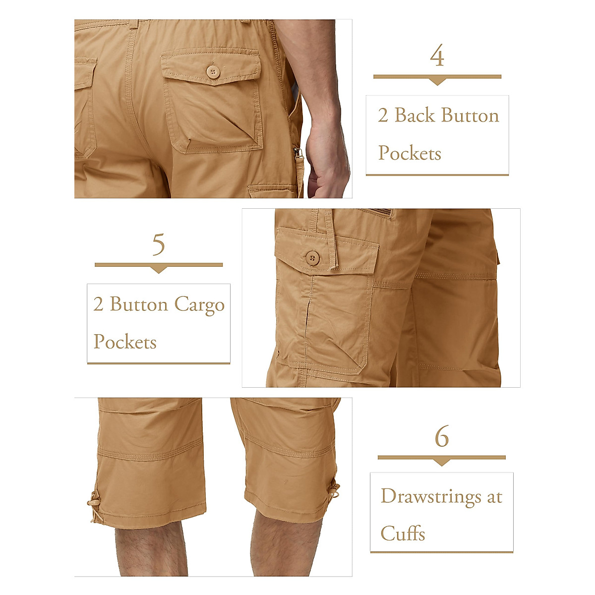 MAGCOMSEN Men's below Knee Long Shorts Cotton Work 3/4 Cargo Capris 7 Pockets Twill Military Summer Shorts Khaki 32