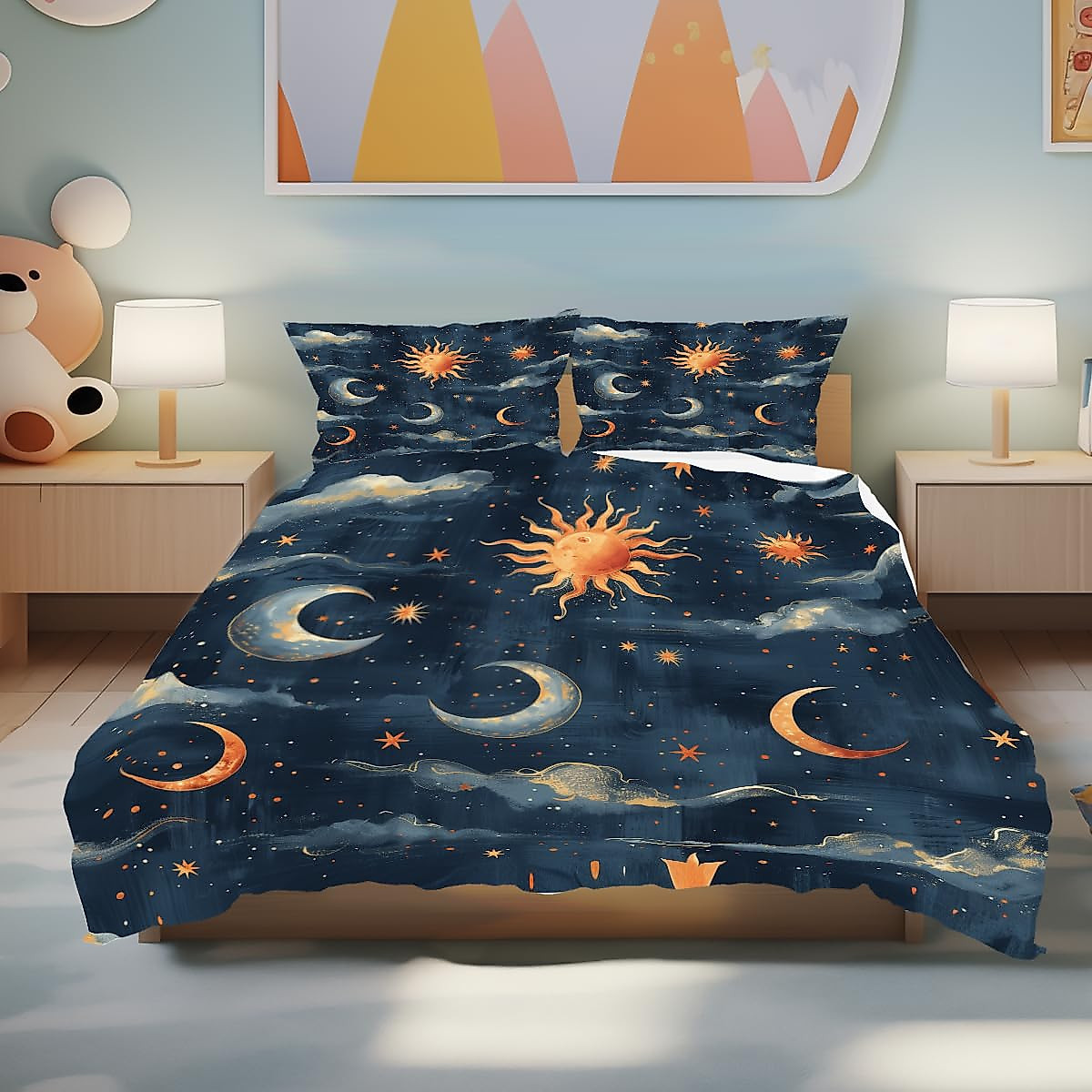 Lokaluo Moon Duvet Cover Queen Size 3D Printed Moon Sun Duvet Cover Set Stars Clouds Cosmic Sun Bedding Set Bedroom Decor 3 Pcs Comforter Cover with 2 Pillowcases