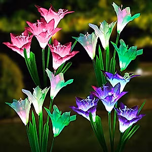 NEEMO Solar Outdoor Lights 4 Pack, Solar Garden Lights with Large Lily Flowers, 7-Color Changing Solar Pathway Lights, Solar Powered Landscape Lights for Garden Patio Yard (Bigger Solar Panel)
