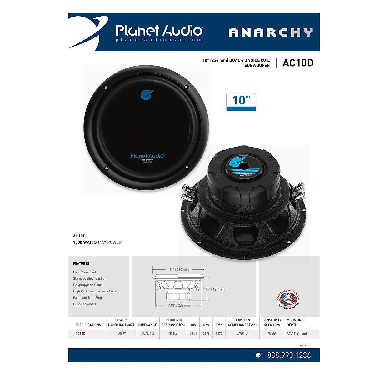 Planet Audio AC10D Anarchy Series 10 Inch Car Subwoofer - 1500 Watts Max, Dual 4 Ohm Voice Coil, Sold Individually, for Truck, Boxes, Enclosures, Use with Amplifier