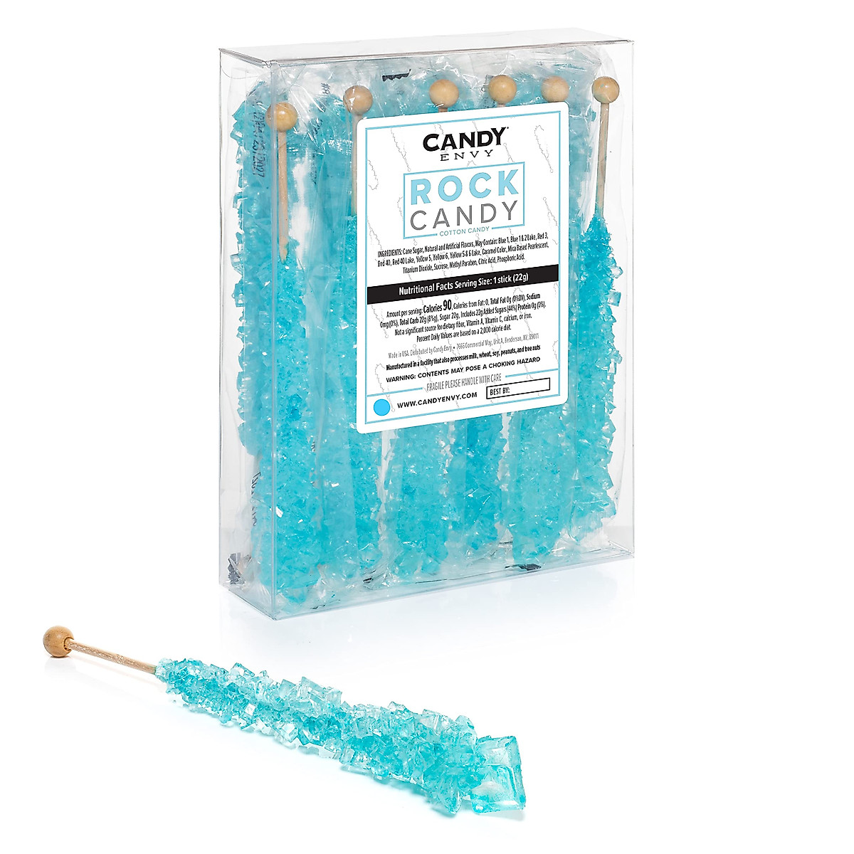Candy Envy - Light Blue Rock Candy Sugar Sticks - Cotton Candy Flavored - 12 Indiv. Wrapped