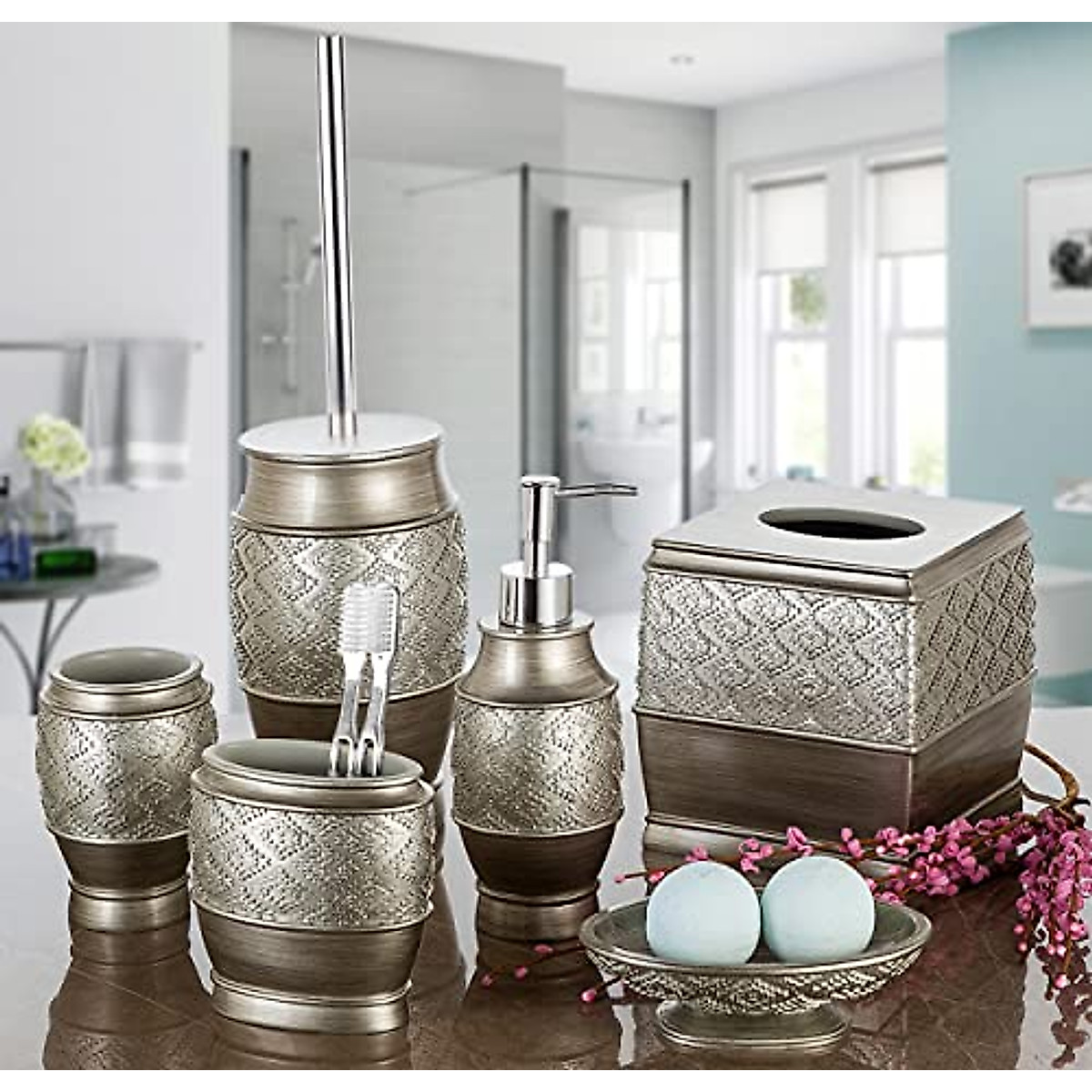 Creative Scents Decorative Bathroom Accessories Set Brushed Silver - 4 Piece Bathroom Set Includes: Soap Dispenser, Toothbrush Holder, Soap Dish and Tumbler, in Beautiful Gift Box (Dublin)