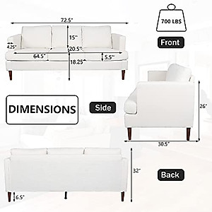 LEVNARY White Tufted Couch, 72-inch Large Sofa, Comfy 3 Seater Sofa with Thick Cushion and Wood Legs, Mid-Century Modern Upholstered Couches for Compact Space Living Room Bedroom (White)