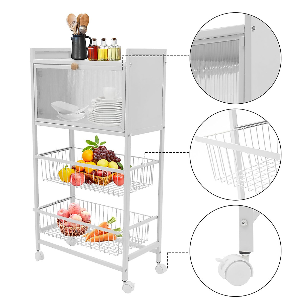 HuaShuani Kitchen Storage Rack, Bread Rack Coffee Station Microwave Rack Storage Rack Kitchen Cart, 4 Level Kitchen Drain Rack, Cutlery, Wine, POTS and Pans, 4 Universal Wheels (White)