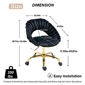 Goujxcy Modern Velvet Desk Chair, 360°Swivel Home Office Computer Task Chair with Woven Mid Back & Gold Legs, Cute Vanity Chair for Women Girls, Armchair for Living Room Bedroom,Black