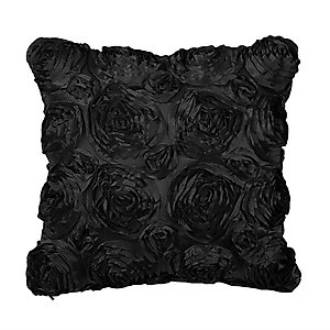 PiccoCasa 3D Flowers Throw Pillow Cover, Romantic Decorative Satin Cushion Cover, Stereo Roses Pillow Cover for Bed Sofa Couch, 16'' x 16'', Black