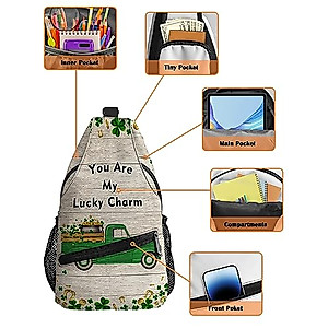 Sling Backpack, St. Patrick's Day YOU ARE MY KUCKY CHARM Shamrock Dwarfs Wood Grain Waterproof Lightweight Small Sling Bag, Travel Chest Bag Crossbody Shoulder Bag Hiking Daypack for Women Men