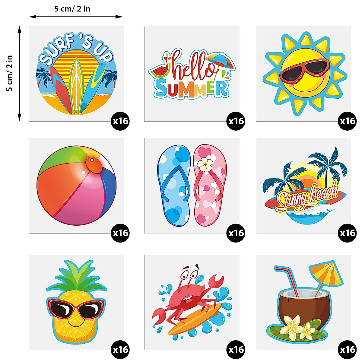 Patelai 144 Pieces Kids Summer Party Tattoos Beach Hawaiian Luau Themed Waterproof Temporary Tattoos, 9 Styles