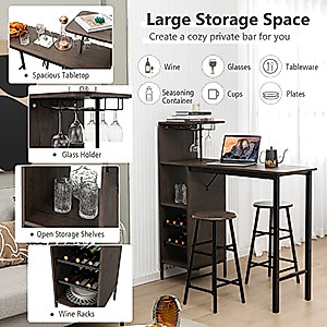GOFLAME Bar Table and Chairs Set for 2, Counter Height Dining Table Set with Shelves, Cup Holder & Wine Rack, Breakfast Table & Chair Set, 3-Piece Pub Table Set for Kitchen, Dining Room