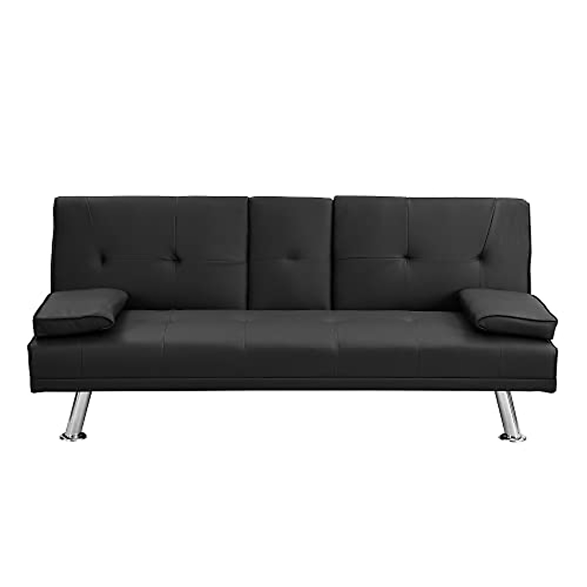 Penifun Convertible Folding Futon Sofa Bed Sleeper Couch for Living Room PU Leather Upholstered Loveseat with Armrest & Two Cup Holders, Solid Wood Frame/Stainless Leg, Black